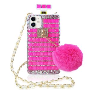 losin perfume case compatible with iphone 12 6.1 inch luxury bling diamond rhinestone bow perfume bottle furry plush ball bling glitter gemstone soft tpu back case with lanyard