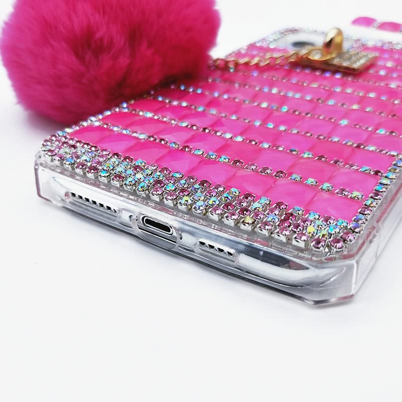 Losin Perfume Case Compatible with iPhone 12 6.1 inch Luxury Bling Diamond Rhinestone Bow Perfume Bottle Furry Plush Ball Bling Glitter Gemstone Soft TPU Back Case with Lanyard