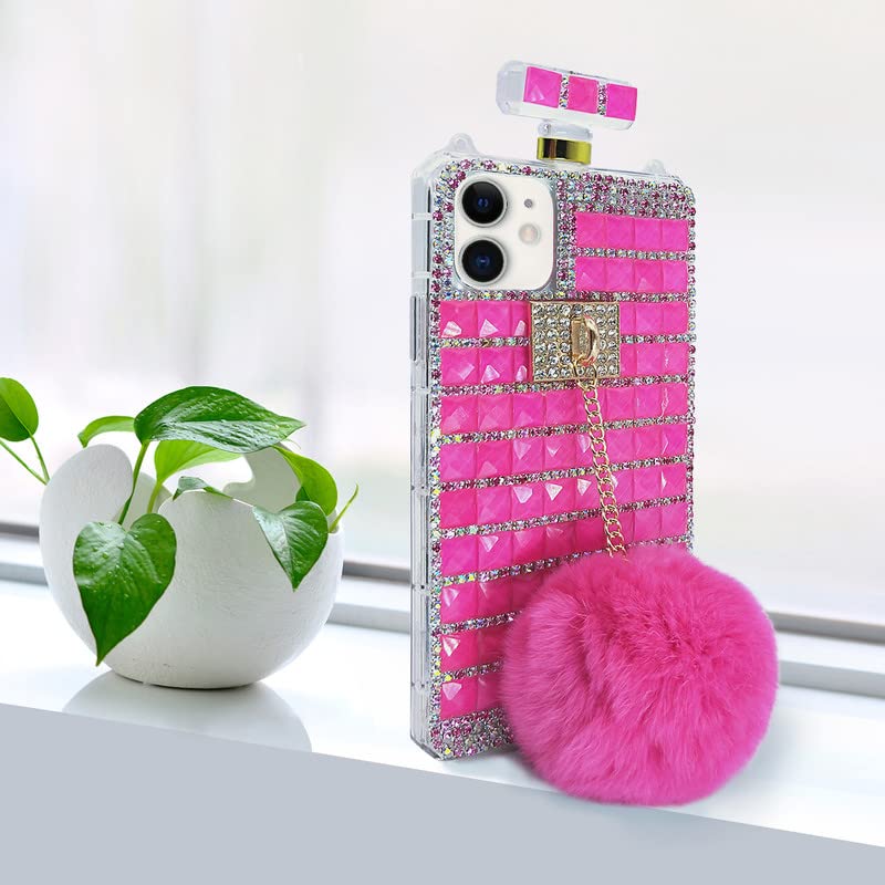 Losin Perfume Case Compatible with iPhone 12 6.1 inch Luxury Bling Diamond Rhinestone Bow Perfume Bottle Furry Plush Ball Bling Glitter Gemstone Soft TPU Back Case with Lanyard