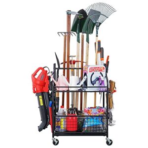 mythinglogic garden tool organizer for garage-yard tool racks with wheels,garage organizers and storage hold garden tools,yard tool holder for garage/shed,garden tool stand