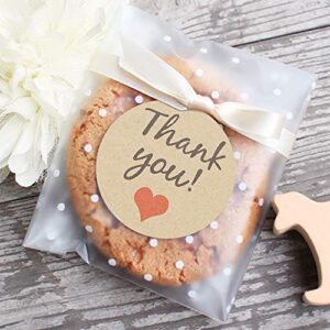 self adhesive cookie bags treat bags, resealable cellophane bags, white polka dot individual cookie bags with thank you stickers for gift giving (5.5''x5.5'', 100 pcs)