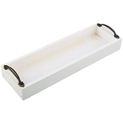 Generic Rustic Whitewashed Rectangular Wooden Serving Tray with Metal Handle Centerpiece for Dining Room Living Room or Windowsill Perfect Size for Snacks Wine Coffee Candles or Plants,White Washed