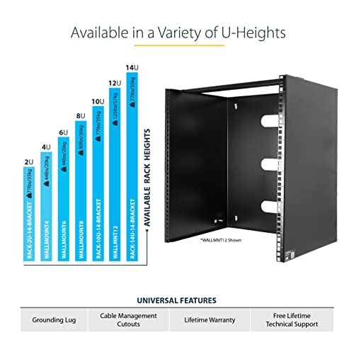 StarTech.com 4U Wall Mount Network Rack - 14 Inch Deep (Low Profile) - 19" Patch Panel Bracket for Shallow Server and IT Equipment, Network Switches - 44lbs/20kg Weight Capacity, Black (WALLMOUNT4)