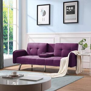 good sleeper sofa couch convertible twin size futon sofa bed for small rooms office gust room, metal chrome middle legs (fabric purple)