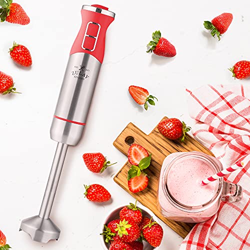 Zulay Kitchen Immersion Blender Handheld 500W - 8 Speed Copper Motor Immersion Hand Blender - Heavy Duty Stick Blender Immersion With Stainless Steel Whisk and Milk Frother Attachments (Red)