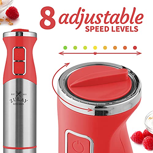 Zulay Kitchen Immersion Blender Handheld 500W - 8 Speed Copper Motor Immersion Hand Blender - Heavy Duty Stick Blender Immersion With Stainless Steel Whisk and Milk Frother Attachments (Red)