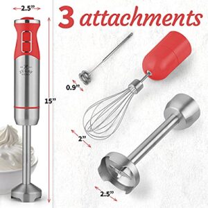 Zulay Kitchen Immersion Blender Handheld 500W - 8 Speed Copper Motor Immersion Hand Blender - Heavy Duty Stick Blender Immersion With Stainless Steel Whisk and Milk Frother Attachments (Red)