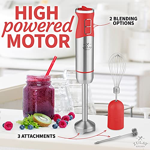 Zulay Kitchen Immersion Blender Handheld 500W - 8 Speed Copper Motor Immersion Hand Blender - Heavy Duty Stick Blender Immersion With Stainless Steel Whisk and Milk Frother Attachments (Red)