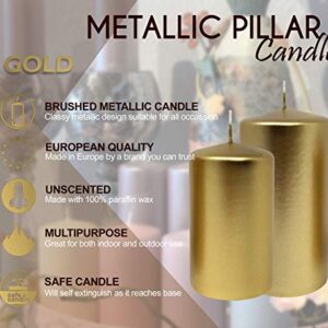 Hyoola Metallic Pillar Candles - 6 Pack - Gold Pillar Candles - European Made Decorative Pillar Candles - 2.4 Inch x 4 Inch