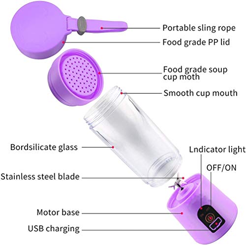 Aizbao Portable Blender, 380ml Six Blades 3D Juice cup, Small Fruit Mixer, Personal Mixer Fruit Rechargeable with USB, Mini Blender for Milk Shakes, Smoothie, Fruit Juice (Light Purple)