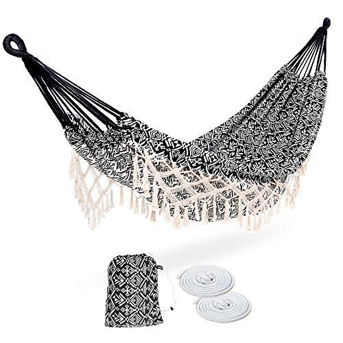 ROOITY Portable Hammock with Tassel,2 Person,Brazilian Tree Hammocks with Carry Bag for Bedroom,Garden,Backyard,Patio,Outdoor and Indoor XX-Large Black/White Woven Cotton Fabric, Up to 450Lbs