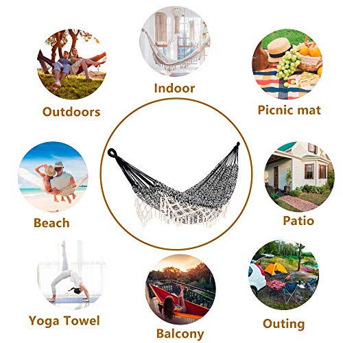 ROOITY Portable Hammock with Tassel,2 Person,Brazilian Tree Hammocks with Carry Bag for Bedroom,Garden,Backyard,Patio,Outdoor and Indoor XX-Large Black/White Woven Cotton Fabric, Up to 450Lbs