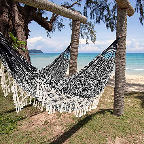 ROOITY Portable Hammock with Tassel,2 Person,Brazilian Tree Hammocks with Carry Bag for Bedroom,Garden,Backyard,Patio,Outdoor and Indoor XX-Large Black/White Woven Cotton Fabric, Up to 450Lbs