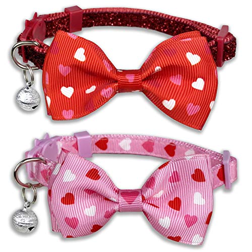 Pohshido Valentine's Cat Collar with Bow Tie and Bell, Holiday Breakaway Loving Heart Kitty Kitten Collar for Girls and Boys Male Female Cats (Love Song)