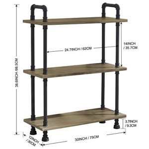 ivinta Industrial Bookshelf 3 Shelf Bookcase, Rustic Storage Shelf Plant Shelf Vintage Kitchen Shelves, Farmhouse Etagere Heavy Duty Display Shelf Wide Modern Open Pipe Book Case (3-Tier)