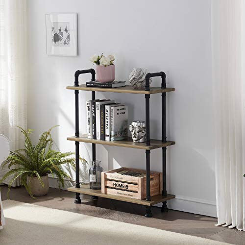 ivinta Industrial Bookshelf 3 Shelf Bookcase, Rustic Storage Shelf Plant Shelf Vintage Kitchen Shelves, Farmhouse Etagere Heavy Duty Display Shelf Wide Modern Open Pipe Book Case (3-Tier)