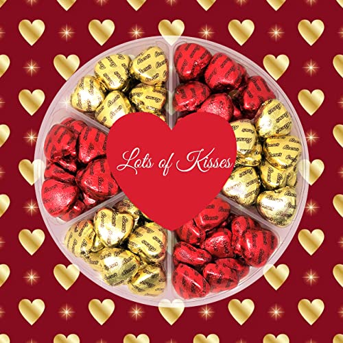 Valentine's Day Chocolate Candy Gift Basket, Reese's Peanut Butter Hearts in Gold and Red, in a 6 Sectional Gift Tray, Peanut Butter Hearts with Red and Gold Foils, Heart Adorned 6 Sectional Tray for Wife, Husband, Couples, Friends, Men and Women