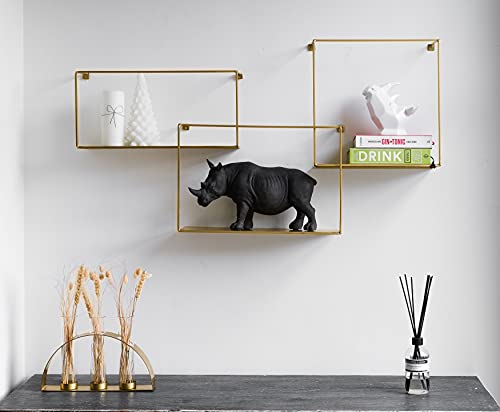 kimisty Set 3 Metal Intersecting Wall Shelves, Decorative Floating Shelves, Shadow Box Style Deep Black Metal Shelving, 14, 12 and 11 Inch (Set 3 Gold)