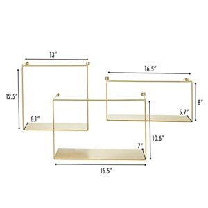 kimisty Set 3 Metal Intersecting Wall Shelves, Decorative Floating Shelves, Shadow Box Style Deep Black Metal Shelving, 14, 12 and 11 Inch (Set 3 Gold)