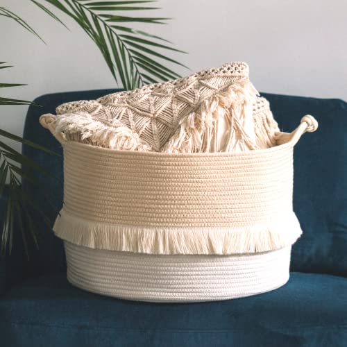 Premium Extra Large Basket for Storage 20" x 20" x 13" Off-White, Ivory, Beige, Cream Round and Wide Woven Basket with Handle for Laundry, Blankets, Toys Baby, Pillows, Towels etc