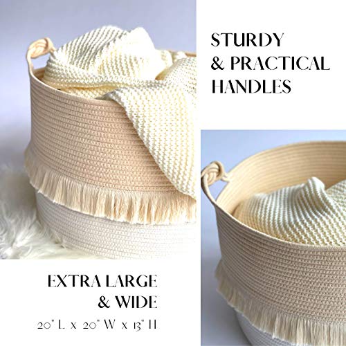 Premium Extra Large Basket for Storage 20" x 20" x 13" Off-White, Ivory, Beige, Cream Round and Wide Woven Basket with Handle for Laundry, Blankets, Toys Baby, Pillows, Towels etc