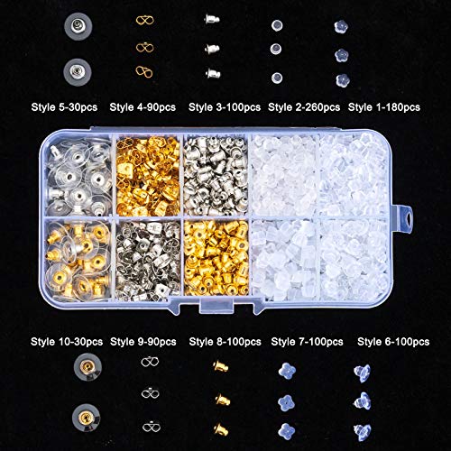 Vivixin 1080pcs Earring Backs, Earring backings, Earring Safety Back Pads backstops Stopper, Clear Rubber Bullet Shape Butterfly Plastic Secure Earring kit (10styles)