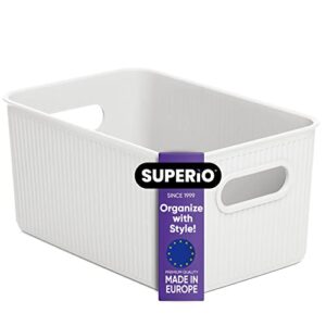 superio decorative plastic open home storage bins organizer baskets, medium white (1 pack) container boxes for organizing closet shelves drawer shelf - ribbed collection 5 liter