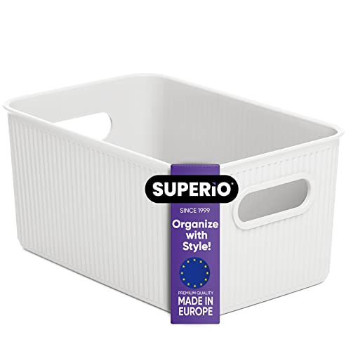 Superio Decorative Plastic Open Home Storage Bins Organizer Baskets, Medium White (1 Pack) Container Boxes for Organizing Closet Shelves Drawer Shelf - Ribbed Collection 5 Liter