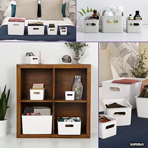 Superio Decorative Plastic Open Home Storage Bins Organizer Baskets, Medium White (1 Pack) Container Boxes for Organizing Closet Shelves Drawer Shelf - Ribbed Collection 5 Liter