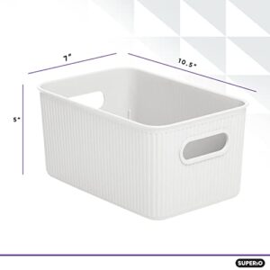 Superio Decorative Plastic Open Home Storage Bins Organizer Baskets, Medium White (1 Pack) Container Boxes for Organizing Closet Shelves Drawer Shelf - Ribbed Collection 5 Liter