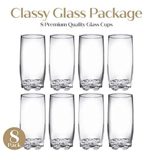 Home Essentials & Beyond Drinking Glasses set of 8 Highball Glass cups Premium Cooler 13.25 Oz. Glassware – Ideal for Water, Juice, Cocktails, Iced Coffee, Iced Tea.