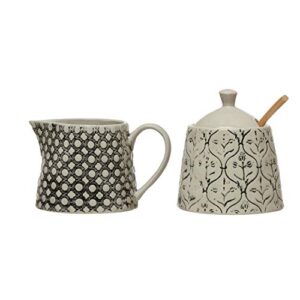 creative co-op 6 oz. hand-stamped stoneware creamer sugar jar with spoon sugar & creamer, 8.25", black & cream