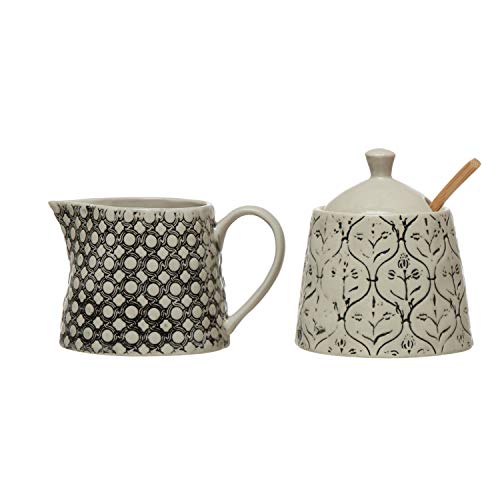 Creative Co-Op 6 oz. Hand-Stamped Stoneware Creamer Sugar Jar with Spoon Sugar & Creamer, 8.25", Black & Cream