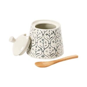 Creative Co-Op 6 oz. Hand-Stamped Stoneware Creamer Sugar Jar with Spoon Sugar & Creamer, 8.25", Black & Cream