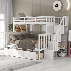 harper & bright designs bunk bed twin over full size with drawers,storage shelf and stairway wood bunk beds for kids and teenagers,kids bed with full-length guard rail,no box spring needed, white