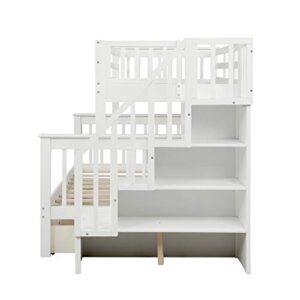 Harper & Bright Designs bunk Bed Twin Over Full Size with Drawers,Storage Shelf and Stairway Wood Bunk Beds for Kids and Teenagers,Kids Bed with Full-Length Guard Rail,No Box Spring Needed, White