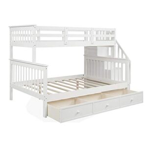 Harper & Bright Designs bunk Bed Twin Over Full Size with Drawers,Storage Shelf and Stairway Wood Bunk Beds for Kids and Teenagers,Kids Bed with Full-Length Guard Rail,No Box Spring Needed, White