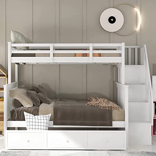 Harper & Bright Designs bunk Bed Twin Over Full Size with Drawers,Storage Shelf and Stairway Wood Bunk Beds for Kids and Teenagers,Kids Bed with Full-Length Guard Rail,No Box Spring Needed, White