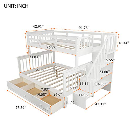 Harper & Bright Designs bunk Bed Twin Over Full Size with Drawers,Storage Shelf and Stairway Wood Bunk Beds for Kids and Teenagers,Kids Bed with Full-Length Guard Rail,No Box Spring Needed, White