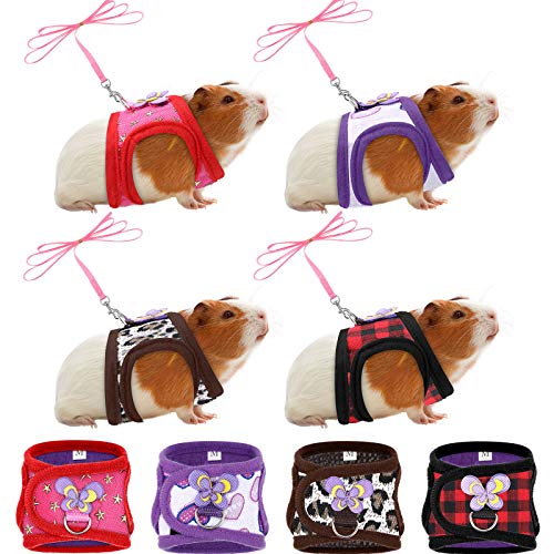 4 Pieces Small Pet Harness Cute Adjustable Vest and Leash Set for Guinea Pig, No Pulling Comfort Mesh Padded Vest for Small Pets, Ferrets, Chinchillas, Hamsters, Iguanas and Similar Small Animals (S)