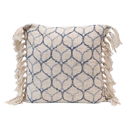 Creative Co-Op Stonewashed Cotton Blend Ogee Pattern & Tassels, Blue & Cream Color Pillow