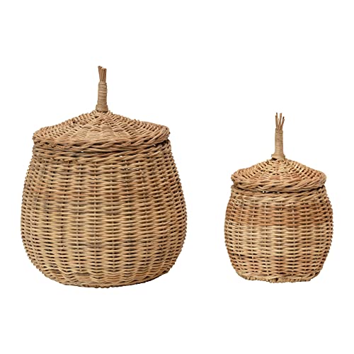 Creative Co-Op Hand-Woven Wicker Baskets with Lids, Set of 2 Canister, Natural, 2