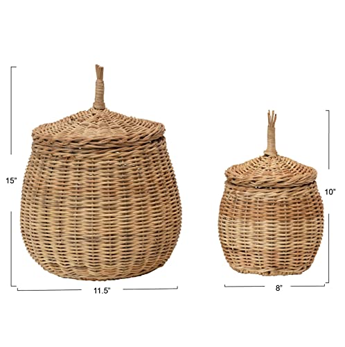 Creative Co-Op Hand-Woven Wicker Baskets with Lids, Set of 2 Canister, Natural, 2