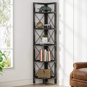 tribesigns 5 tier corner shelf, corner bookshelf small bookcase corner storage rack plant stand for living room, home office, kitchen, small space (black)