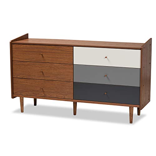 Baxton Studio Halden Mid-Century Modern Multicolor Walnut Brown and Grey Gradient Finished Wood 6-Drawer Dresser