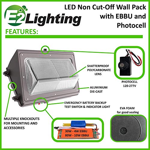 E2 Lighting Non Cut Off LED Wall Pack with Emergency Battery Backup/Photocell, RoHs Compliant UL and DLC Certified LED Wall Packs Commercial, 5 Year Warranty (80W)