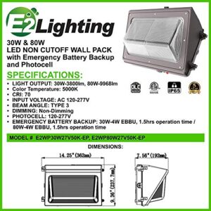 E2 Lighting Non Cut Off LED Wall Pack with Emergency Battery Backup/Photocell, RoHs Compliant UL and DLC Certified LED Wall Packs Commercial, 5 Year Warranty (80W)