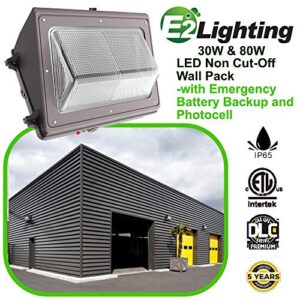 E2 Lighting Non Cut Off LED Wall Pack with Emergency Battery Backup/Photocell, RoHs Compliant UL and DLC Certified LED Wall Packs Commercial, 5 Year Warranty (80W)