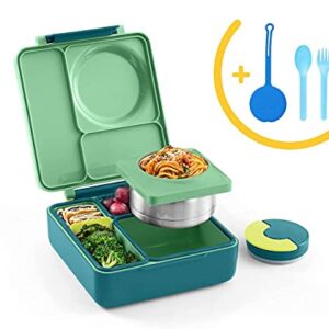 OmieBox Bento Box for Kids Insulated Bento Lunch Box with Leak Proof Thermos Food Jar, 3 Compartments + Capri Blue Utensil Set with Case