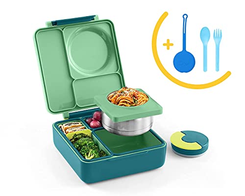 OmieBox Bento Box for Kids Insulated Bento Lunch Box with Leak Proof Thermos Food Jar, 3 Compartments + Capri Blue Utensil Set with Case